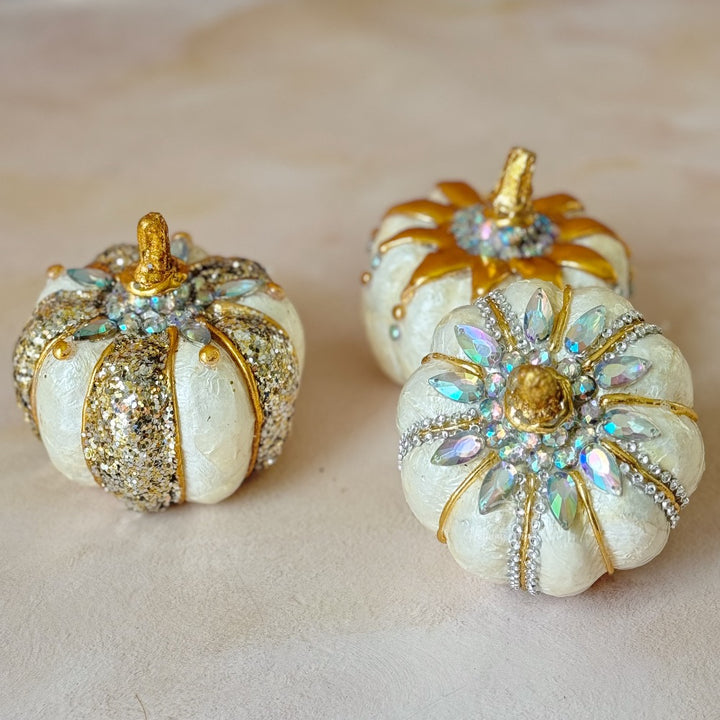 Capiz Ivory Jeweled Pumpkin | Mini | Set of 3 – Holiday Tree