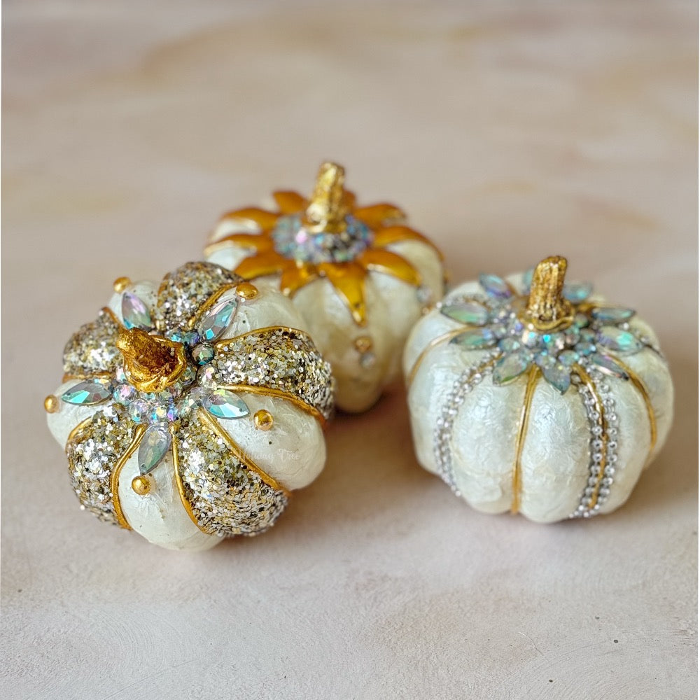 Capiz Ivory Jeweled Pumpkin | Mini | Set of 3 – Holiday Tree