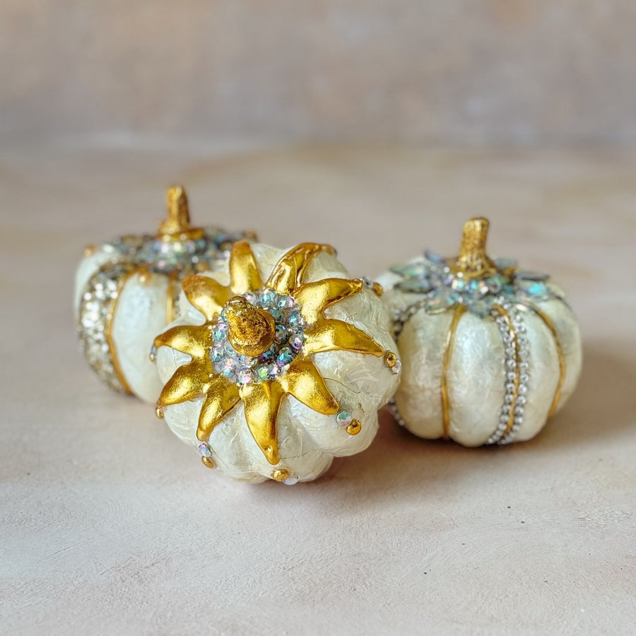 Capiz Ivory Jeweled Pumpkin | Mini | Set of 3 – Holiday Tree