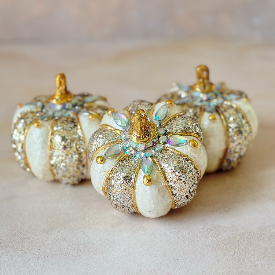 Capiz Ivory Jeweled Pumpkin | Mini | Set of 3 – Holiday Tree